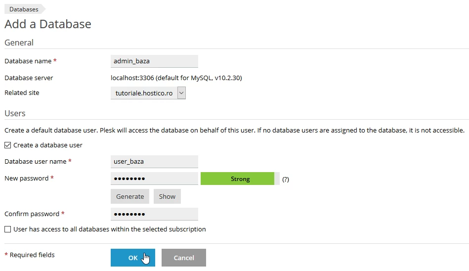 Creating a database in the Plesk panel | Hostico