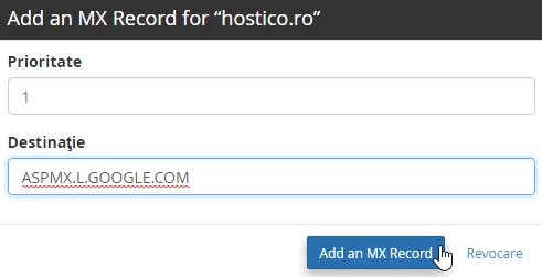 Adding an MX record in the cPanel admin panel, redirecting the mail ...