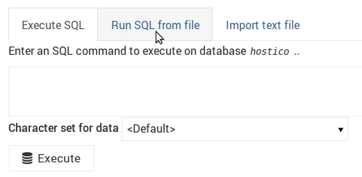 Loading a database in the Virtualmin administration panel | Hostico