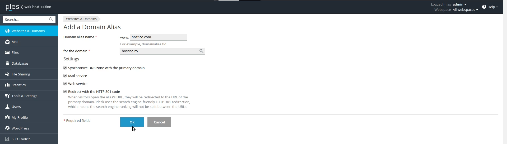 Adding an alias domain in the Plesk control panel | Hostico
