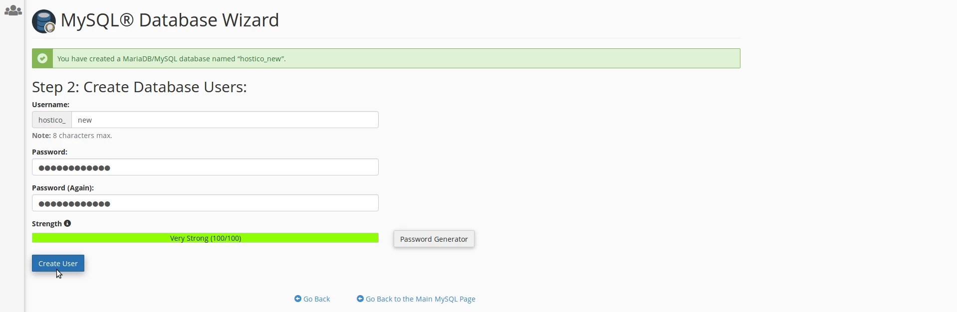 Creating a database with the help of MySQL® Database Wizard | Hostico